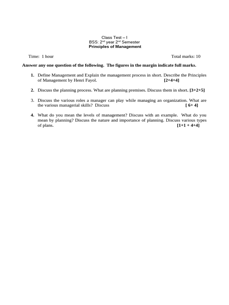 BSS 2nd Year Management Class Test | PDF