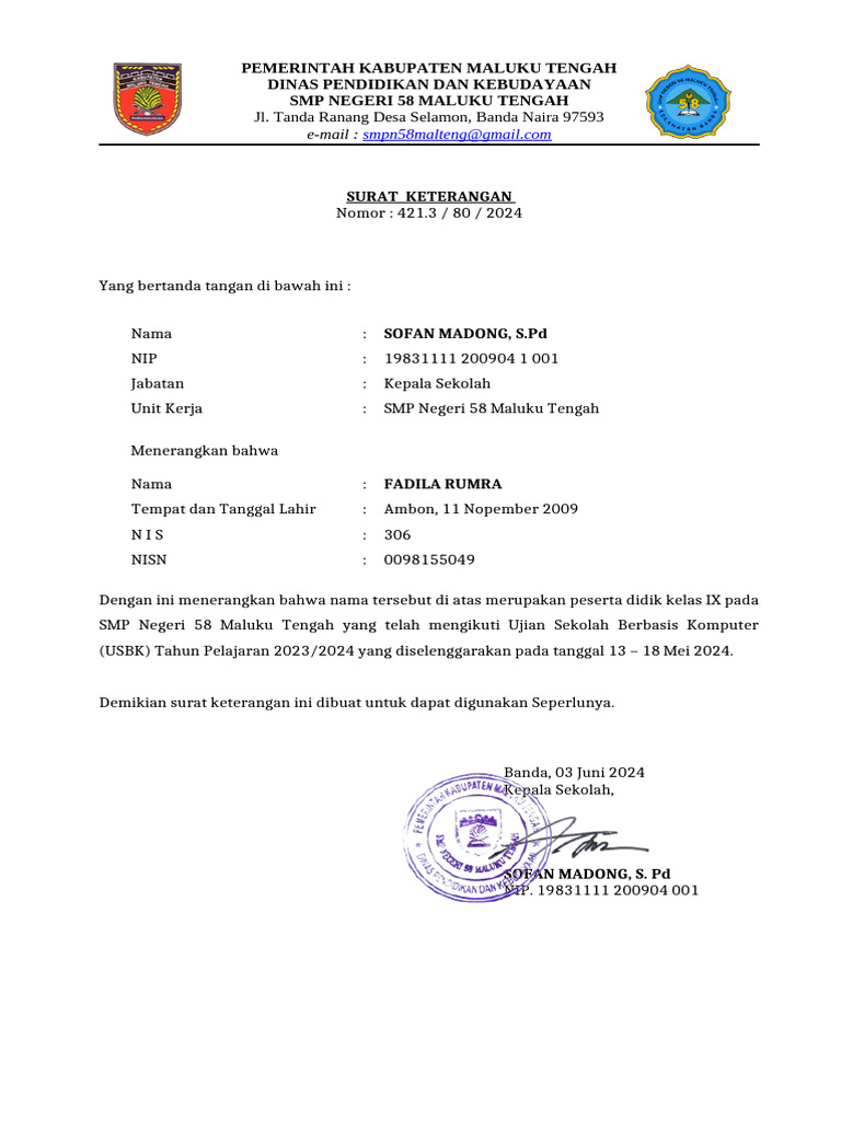 Surat Keterangan Peserta Didik SMP 58 | PDF
