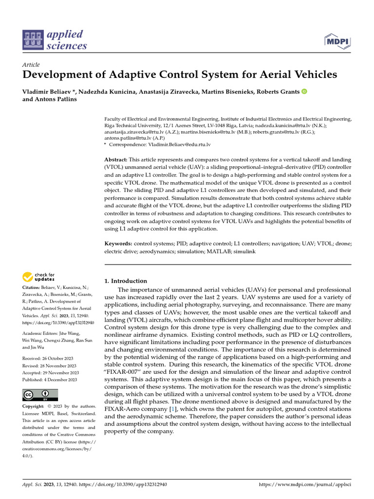 Development of Adaptive Control System For Aerial Vehicles | PDF ...