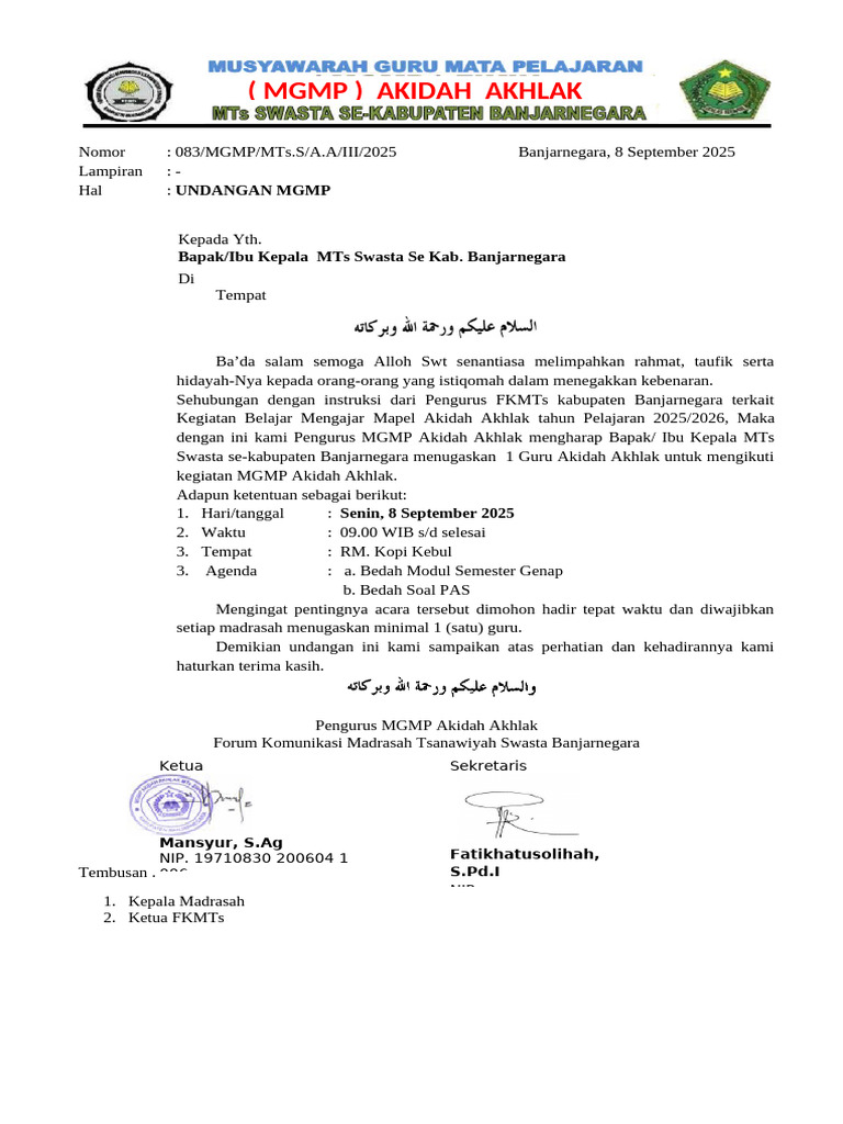 Surat Undangan MGMP Aa Sep 2025 | PDF