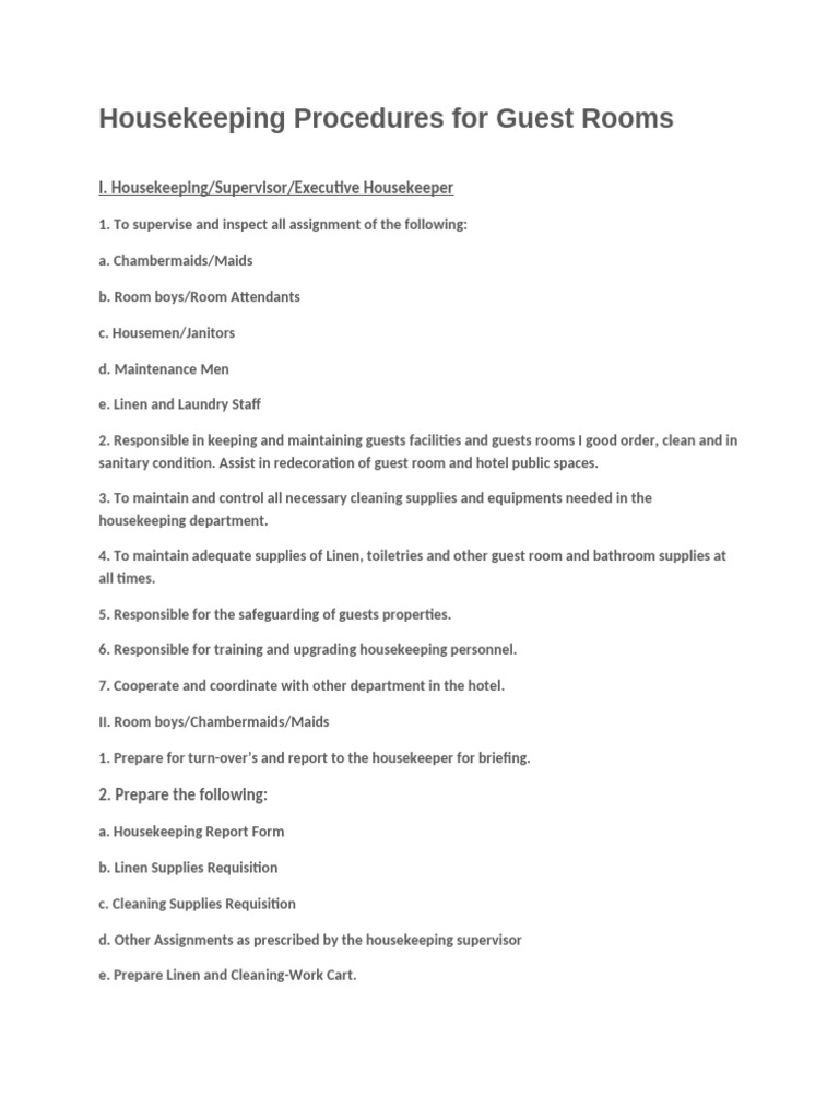 Guest Room Housekeeping Procedures | PDF | Bed | Housekeeping