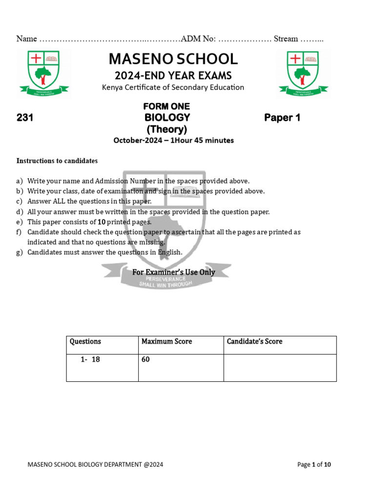 Maseno School f2 Bio t3 2024 1 | PDF | Biology