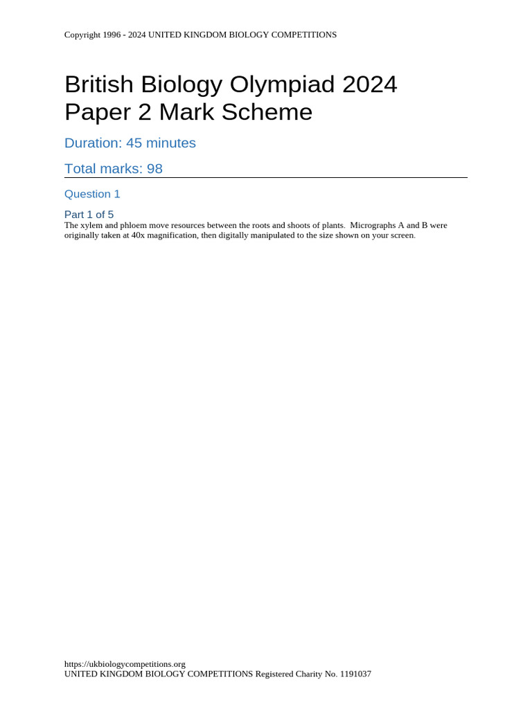 British Biology Olympiad 2024 Mark Scheme | PDF | Blood Donation ...