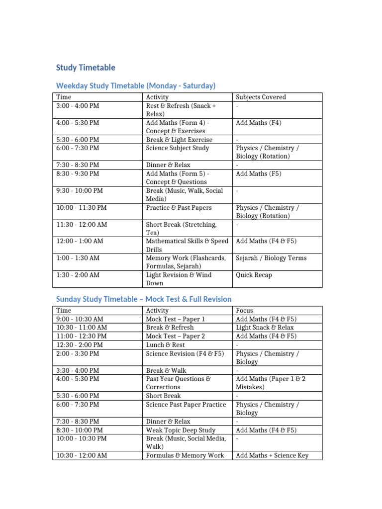 Study Timetable | PDF