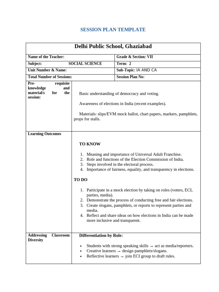 Mock Election Session Plan for Grade VII | PDF | Learning | Elections