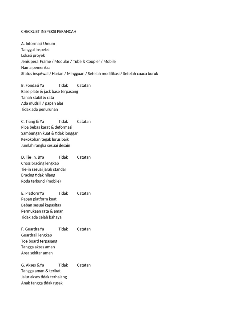 Checklist Inspeksi Perancah Lengkap | PDF