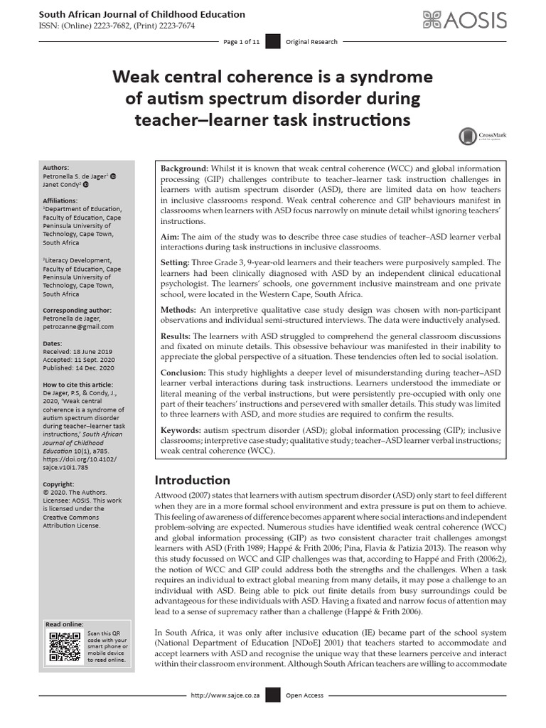 Petronella de Jager - Weak Central Coherence Is A Syndrome of Autism ...