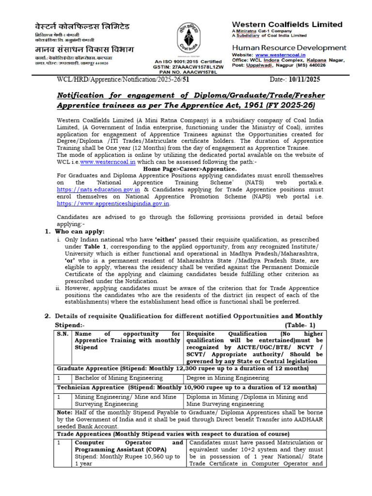 Notification WCL HRD 51-2025 | PDF | Apprenticeship | Diploma