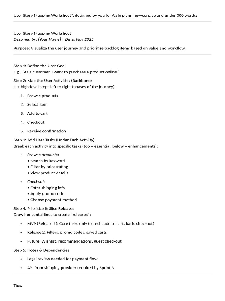 User Story Mapping Worksheet | PDF