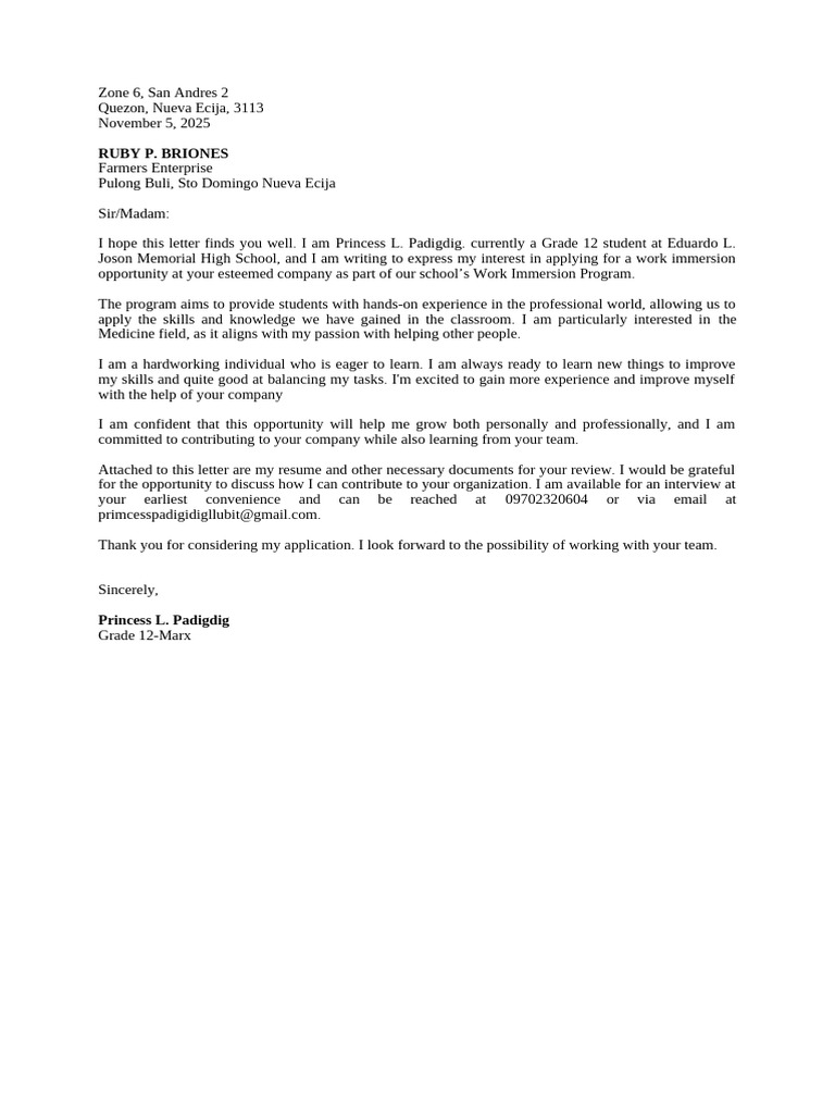 Work Immersion Application Letter | PDF