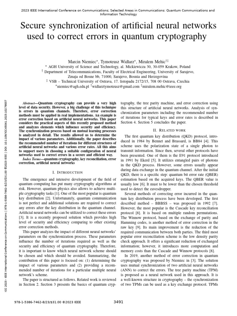 Secure Synchronization of Artificial Neural Networks Used To Correct Errors in Quantum ...