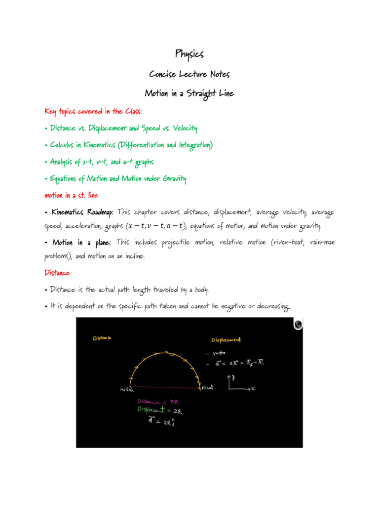 Motion in A Straight Line - Short Notes | PDF | Velocity | Acceleration
