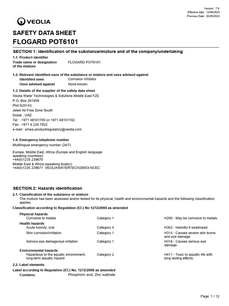 FLOGARD POT6101 Safety Data Sheet | PDF | Dangerous Goods | Toxicity