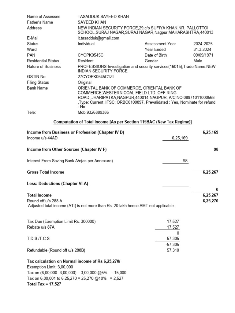 Tasadduk Khan ITR Computation FY 23-24 | PDF | Revenue | Tax Refund