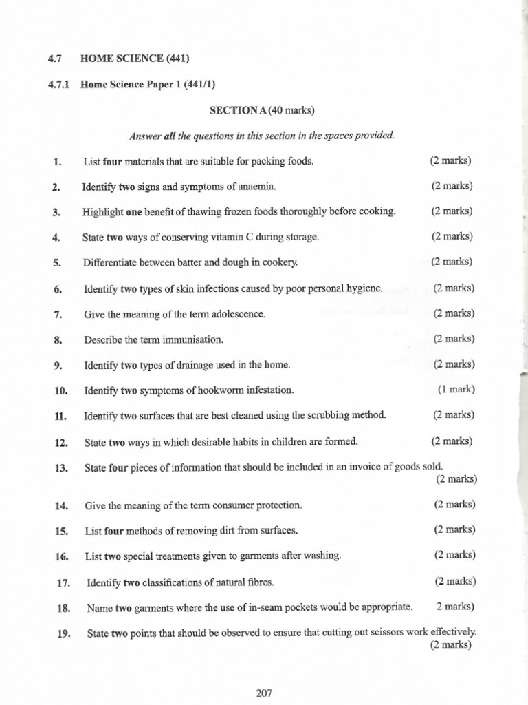 Form 3 Homescience Holiday Assignment | PDF