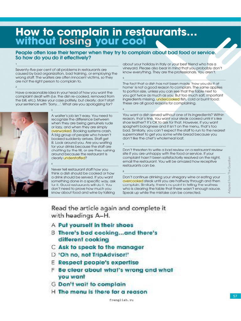 How To Complaint in Restaurants Matching With Answers | PDF