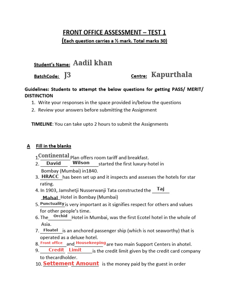 Front Office Assessment Test 1 | PDF | Hotel | Payments