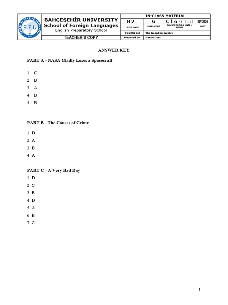 EOM Revision - Cloze Test - TC | PDF