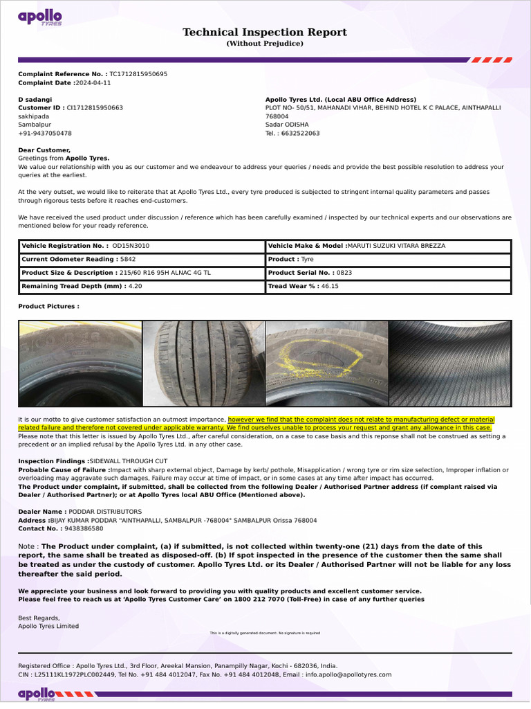 Technical Inspection Report: (Without Prejudice) | PDF | Tire