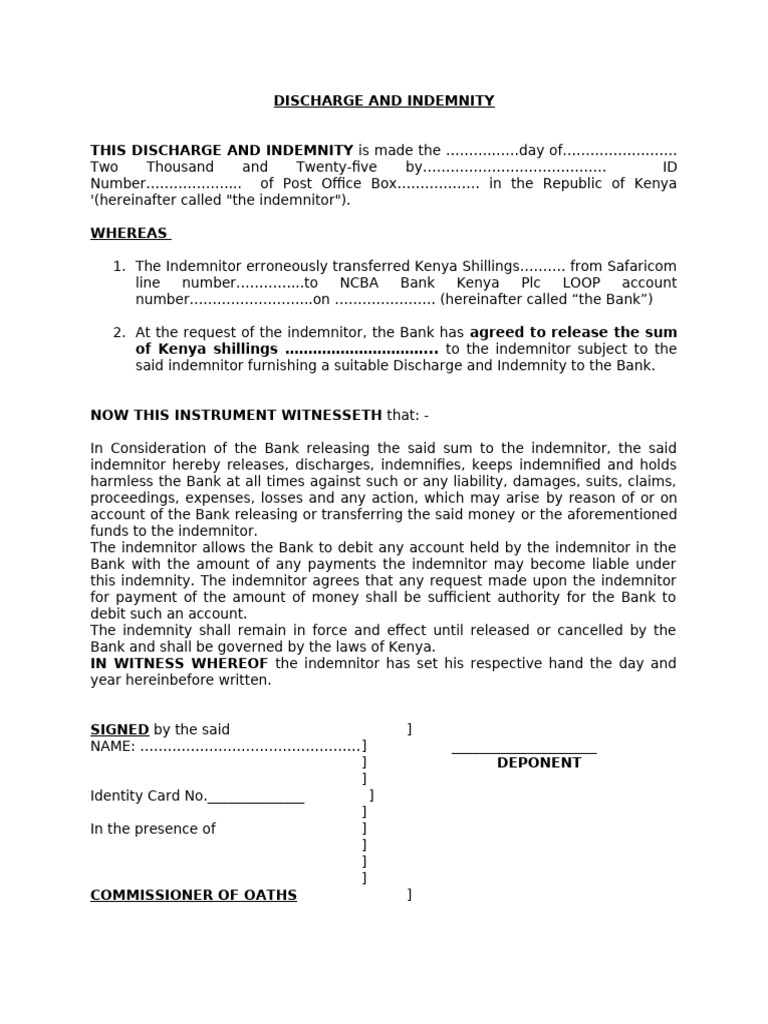 Discharge and Indemnity Revised | PDF