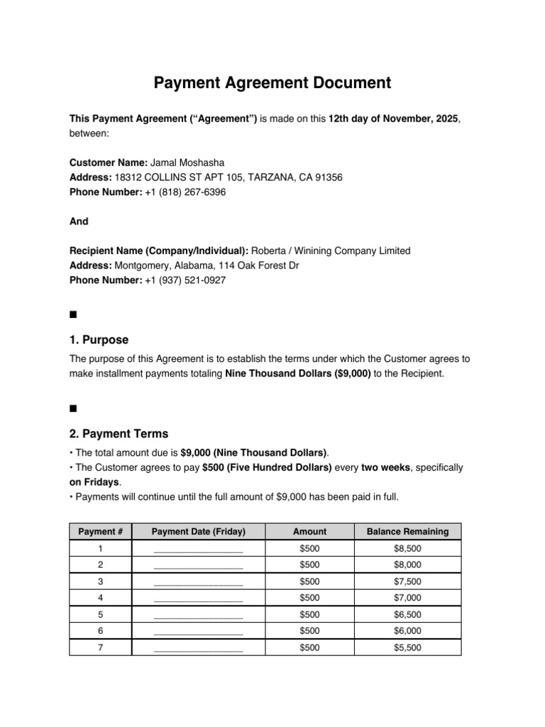 $9,000 Payment Agreement Template | PDF | Payments