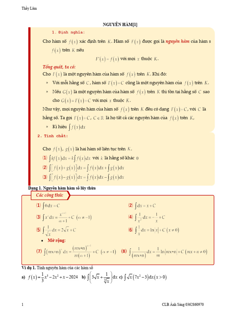 B1-NGUYÊN HÀM-P1-Thầy Lâm | PDF