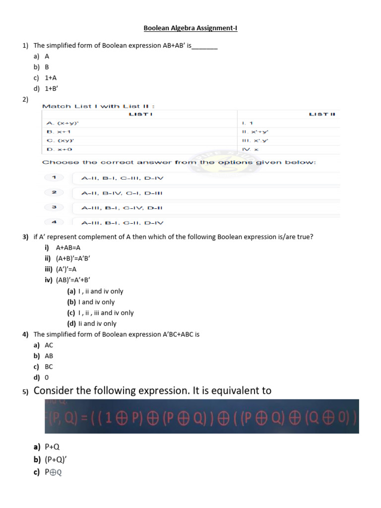 Boolean Algebra Assignment-I | PDF