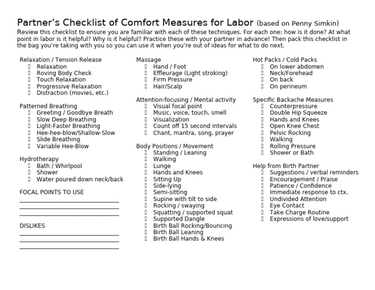 Birthing Comfort Measures Checklist | PDF