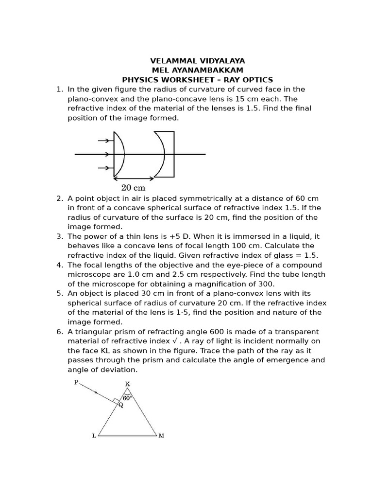 Ray Optics Physics Worksheet | PDF