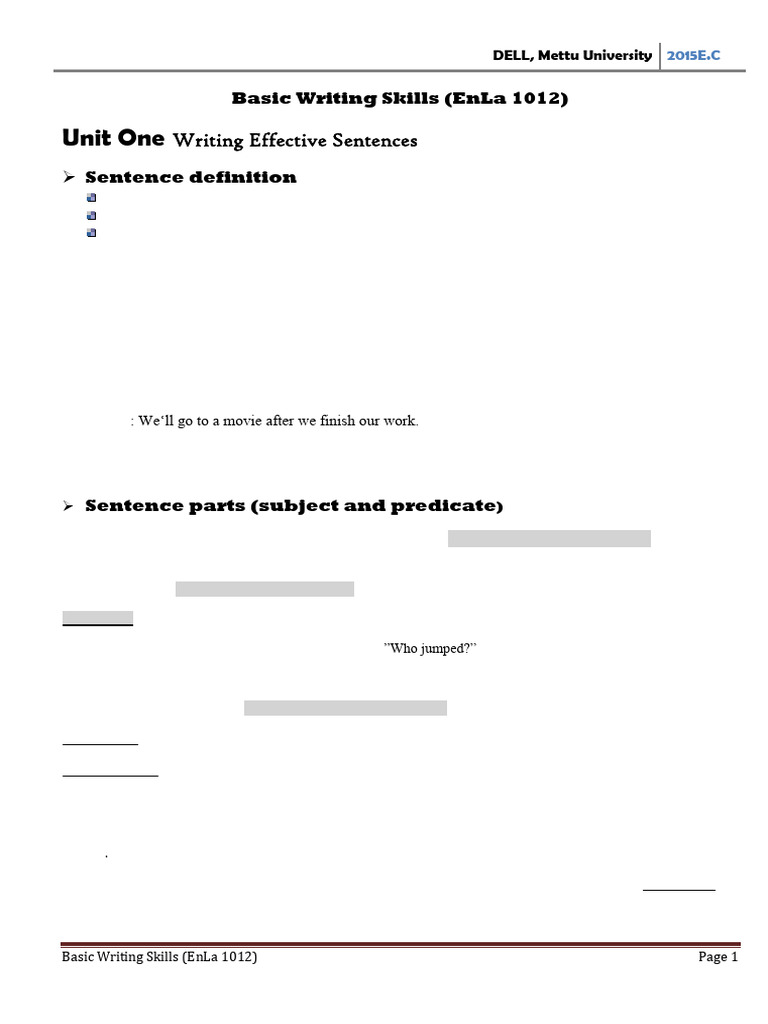Basic Writing Skills Handout-1 | PDF | Subject (Grammar) | Verb