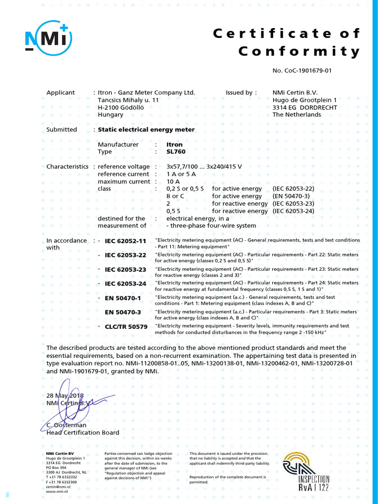Itron SL760 Energy Meter Certification | PDF | Alternating Current ...