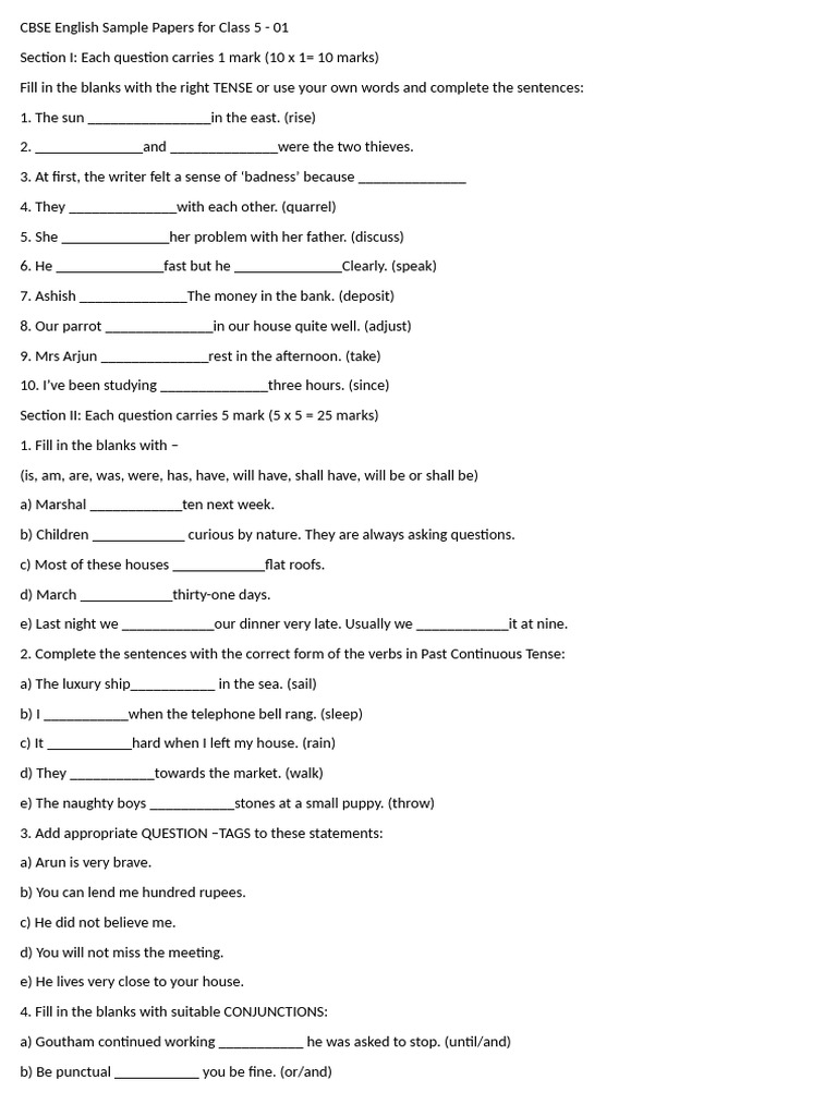 CBSE Class 5 English Sample Papers | PDF | Linguistics | Grammar