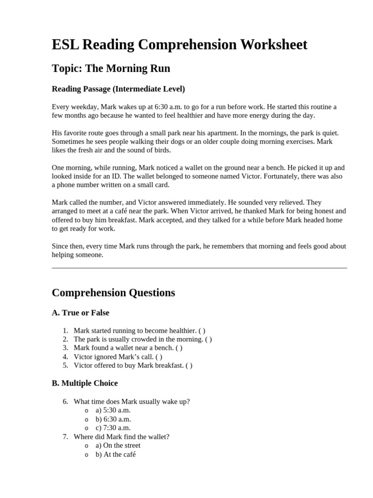 ESL Reading Comprehension Worksheet the Morning Run | PDF