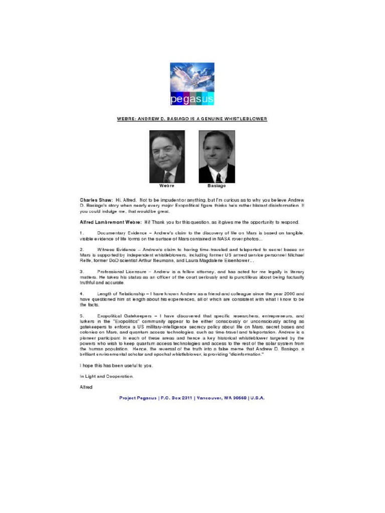 Project Pegasus Alfred L Webre Andrew D Basiago A Genuine Whistle