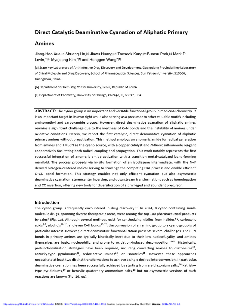 Direct Catalytic Deaminative Cyanation of Aliphatic Primary Amines 1 ...