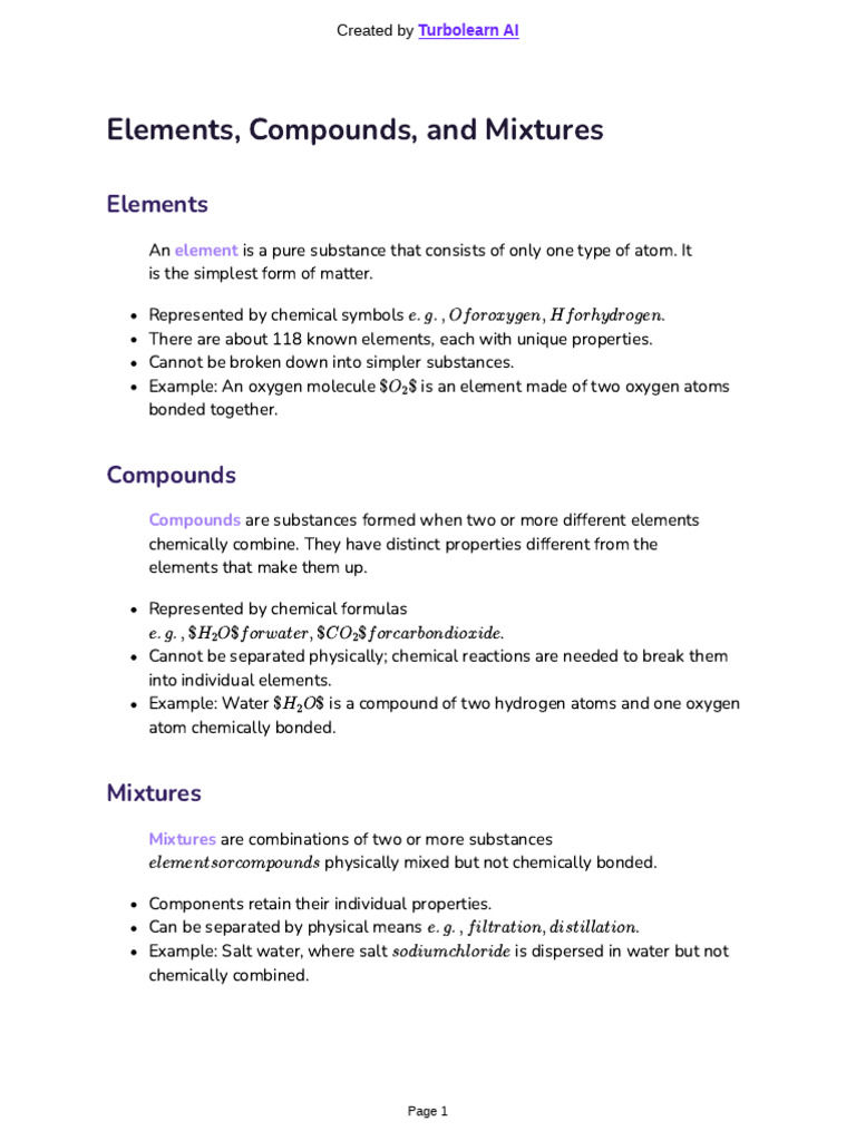 Elements, Compounds, and Mixtures Explained | PDF | Chemical Compounds ...