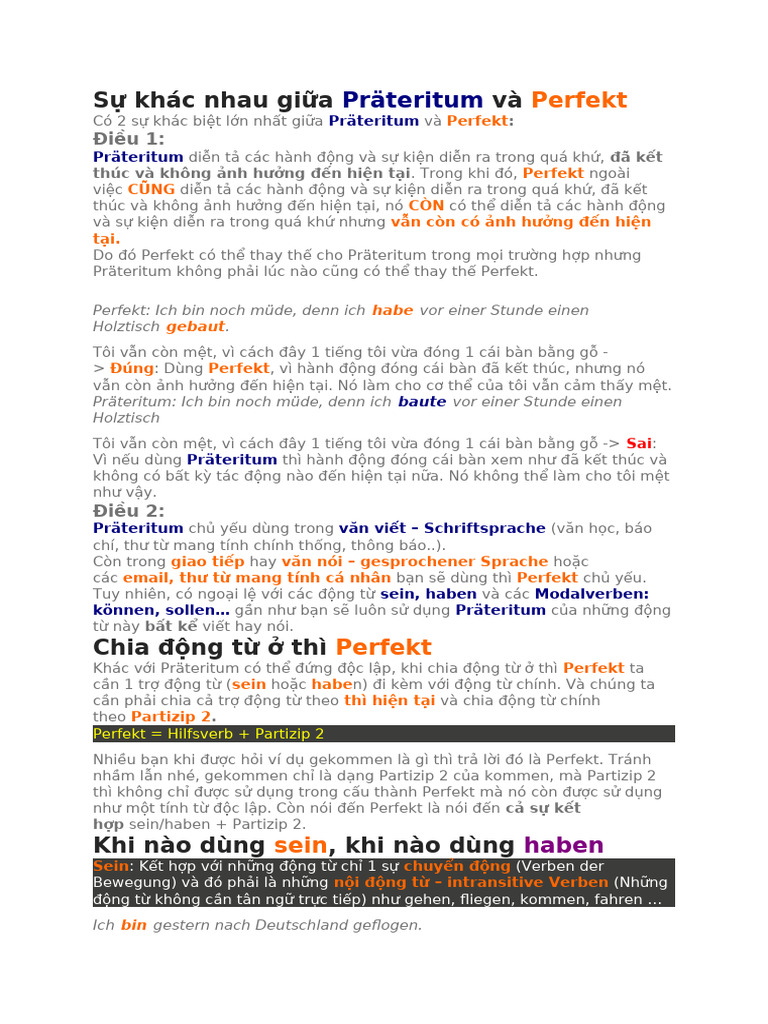 Sự Khác Nhau Giữa Präteritum Und Perfekt | PDF
