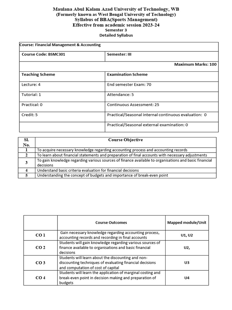 BBA Sports Management Financial Management Syllabus | PDF | Business