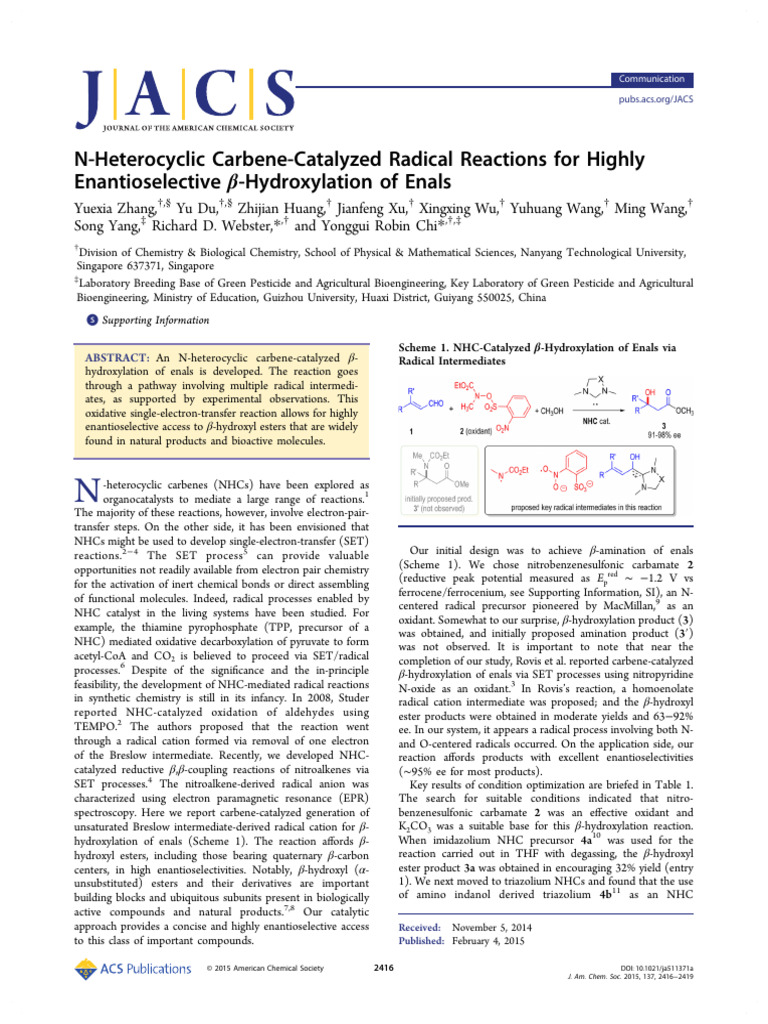 Xu Et Al 2015 n Heterocyclic Carbene Catalyzed Radical Reactions for ...