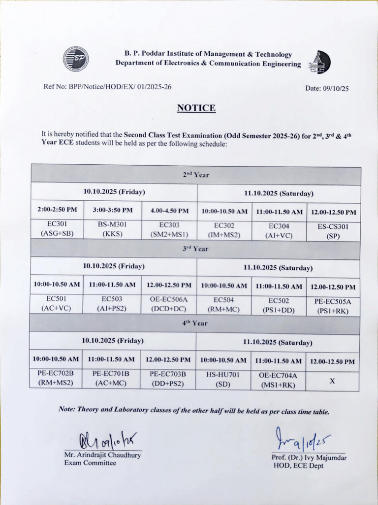 2nd Class Test Time Table | PDF