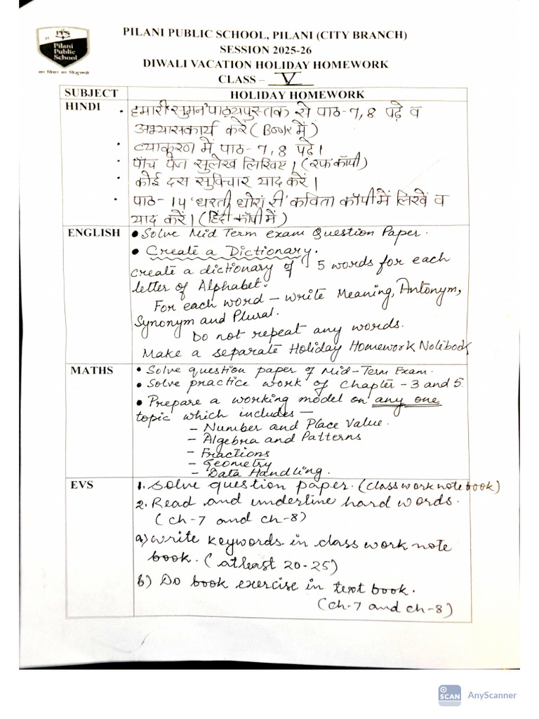 Class 5 Holiday Homework | PDF