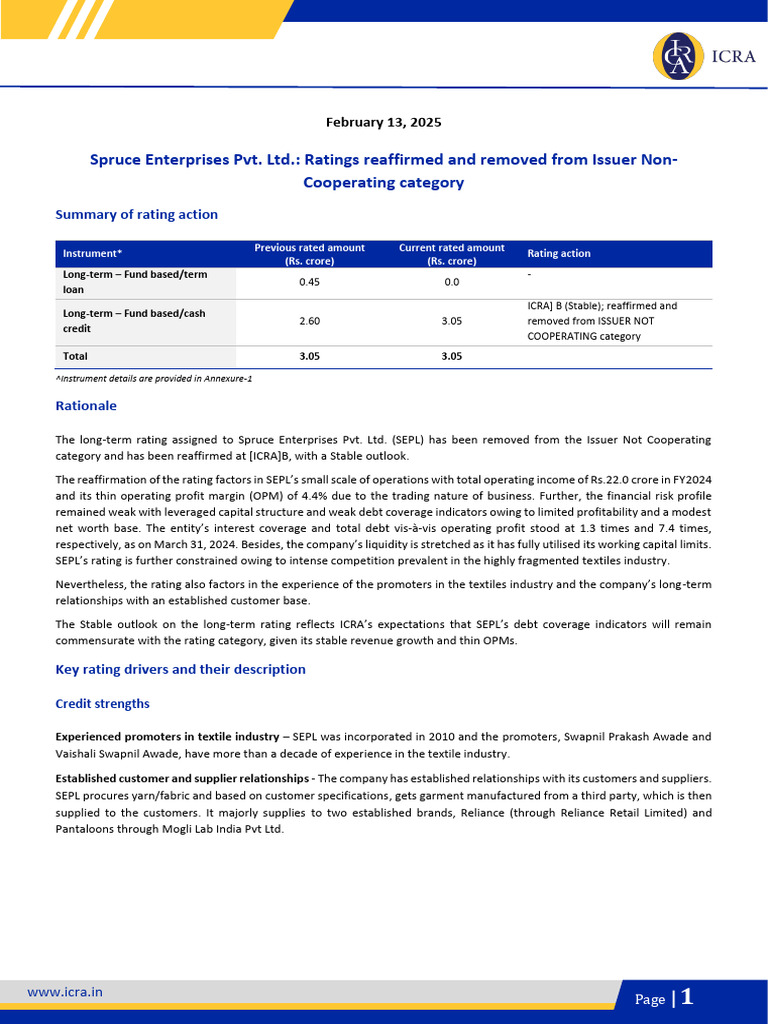 Spruce Enterprises Pvt. LTD | PDF | Debt | Credit Rating Agency