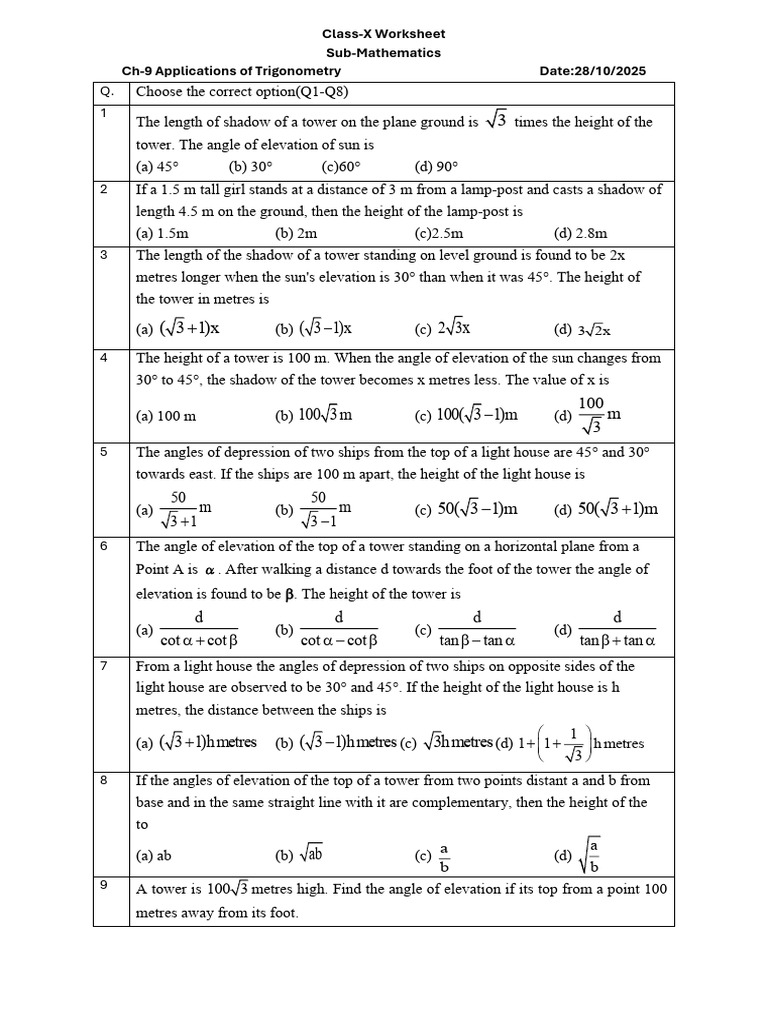 Ch-9 Applications of Trigonometry Class-10 | PDF | Height | Shadow