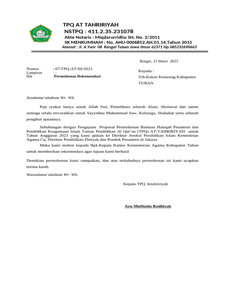 Permohonan Rekomendasi TPQ AT-TAHRIRIYAH | PDF