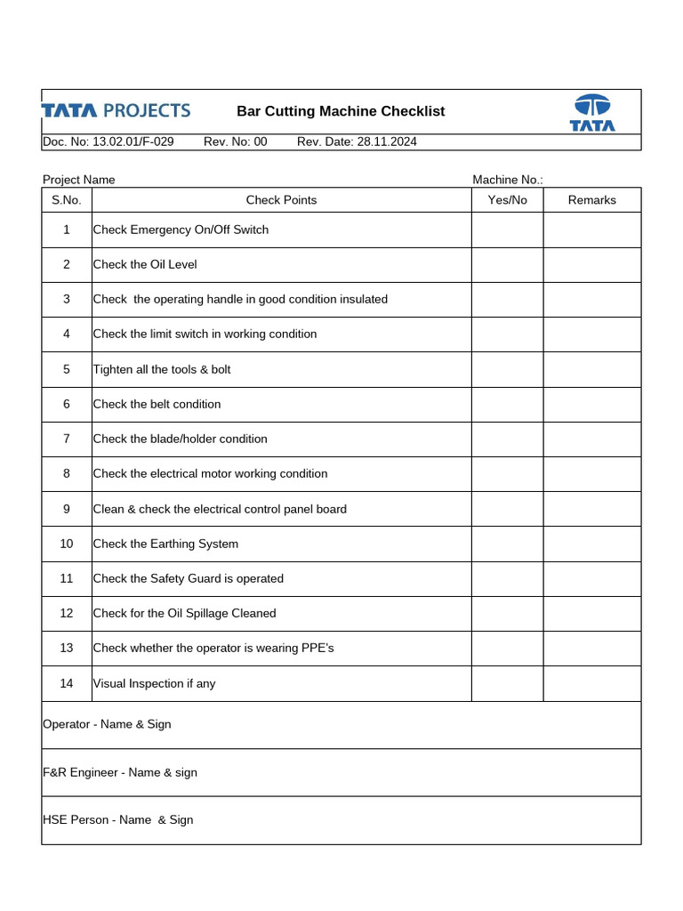 13.02.01 F-029 Bar Cutting Machine Checklist R0 | PDF