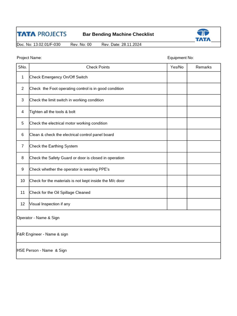 13.02.01 F-030 Bar Bending Machine Checklist R0 | PDF