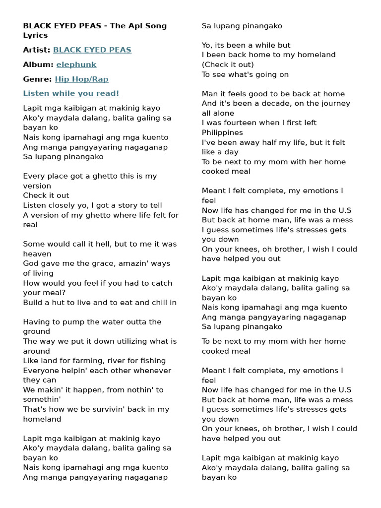 Black Eyed Peas Apl Song Lyrics | PDF | American Styles Of Music ...