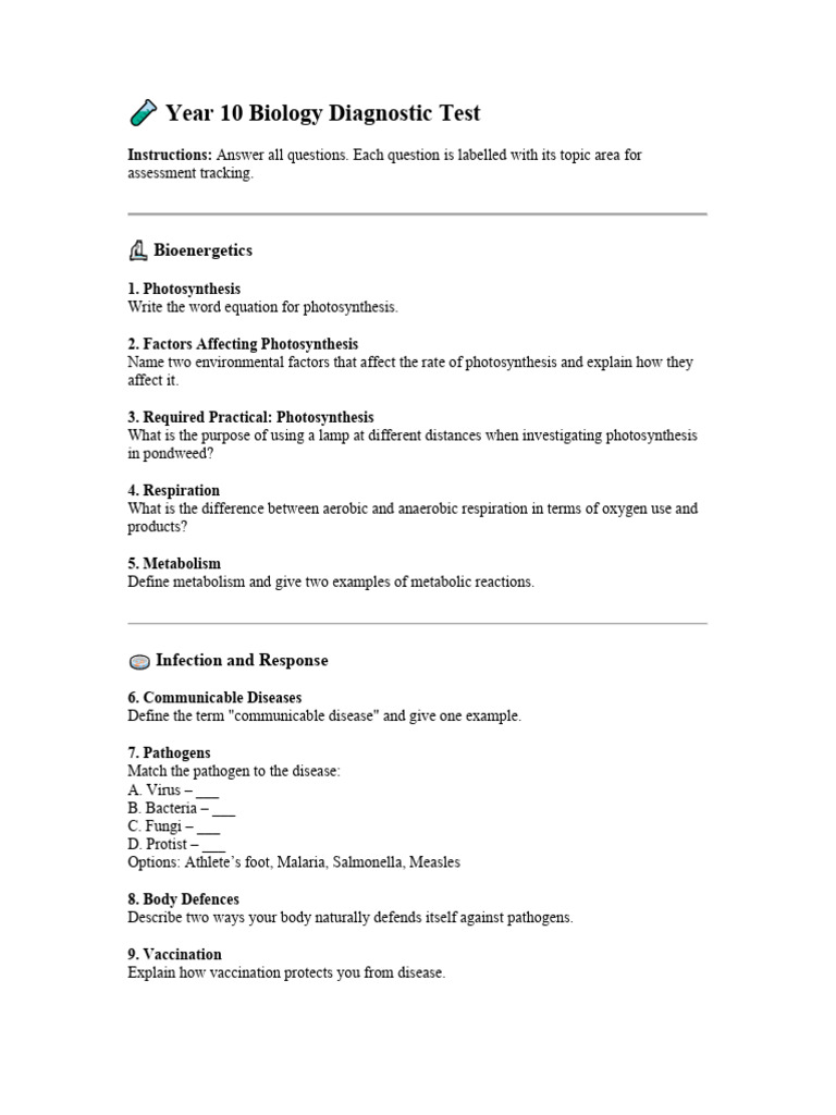 Year 10 Biology Diagnostic Test Guide | PDF | Hormone | Infection