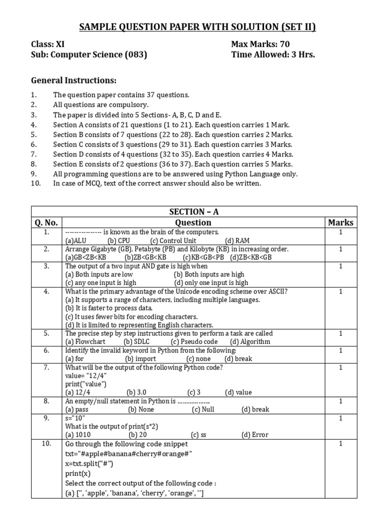 Class XI Computer Science Question Paper | PDF | Computer Program ...