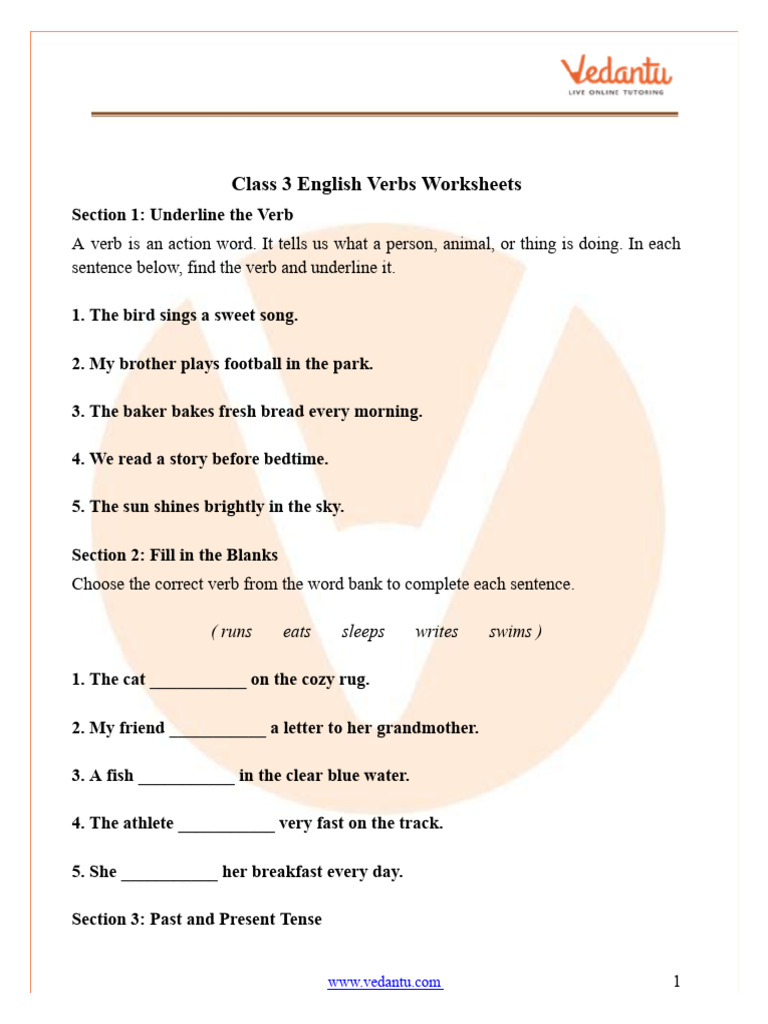 Class 3 Verb Worksheets for Kids | PDF | Verb | Linguistics